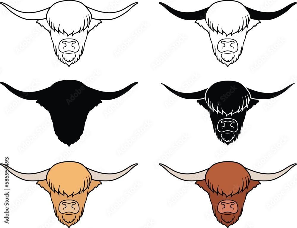 Highland Cattle Cow Head with Long Horns - Clipart Set Stock Vector ...