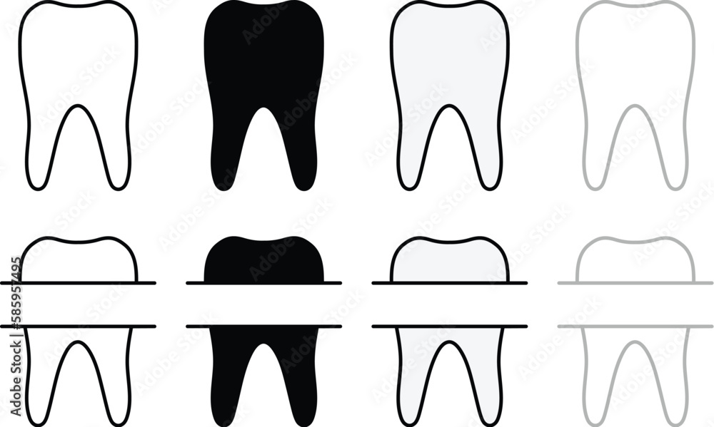 Simple Tooth and Split Label Clipart Set - Outline, Silhouette and ...