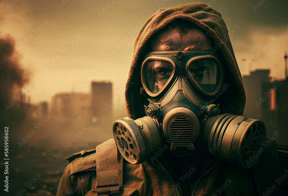 Gas mask on man during explosion. Chemical weapons against civil ...