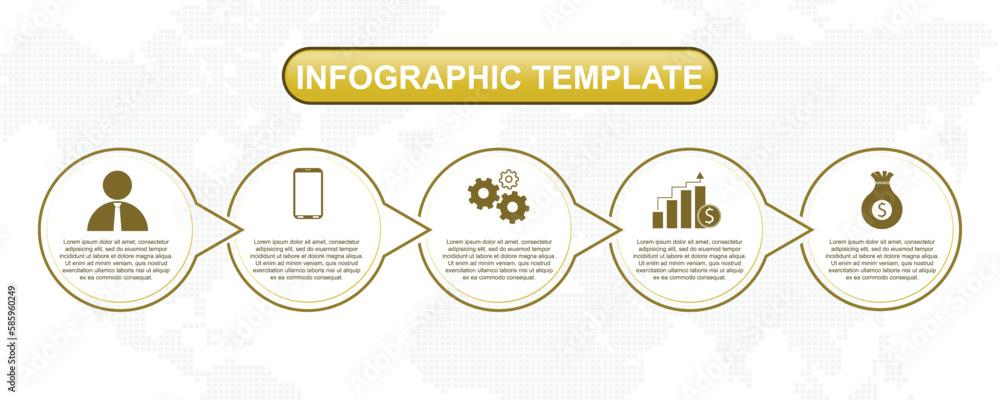 Gold infographic template with five titles, Diagram with steps ...