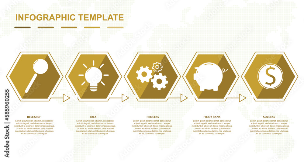 Gold infographic template with five titles, Diagram with steps ...