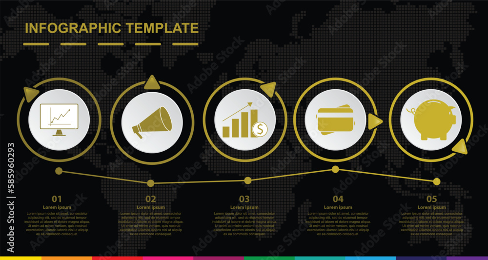 golden infographic template with five titles, Diagram with steps ...