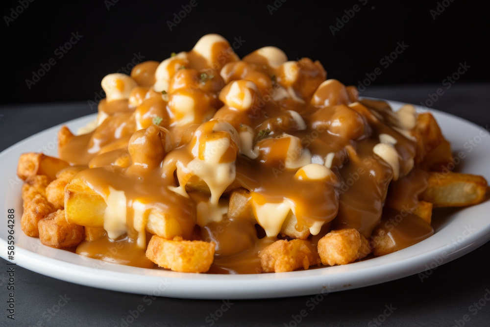 indulgent close-up shot of poutine made with crispy tater tots, savory ...