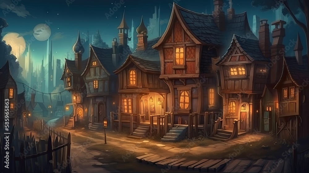 Realistic Illustration of a Small Fairy Tale Town at Night - Perfect ...