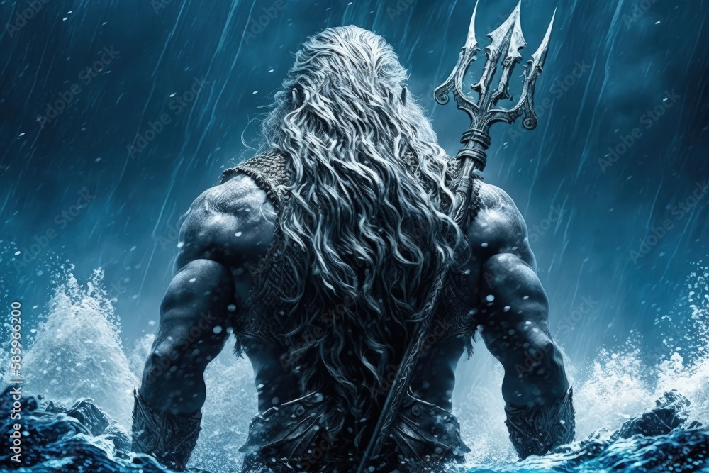 Poseidon with his trident in the sea, Poseidon in the water with his ...
