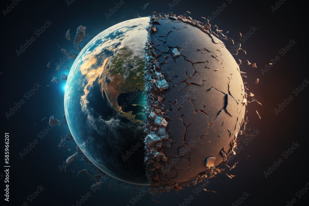 Planet earth with one half destroyed and one half preserved, earth day concept, environment ...