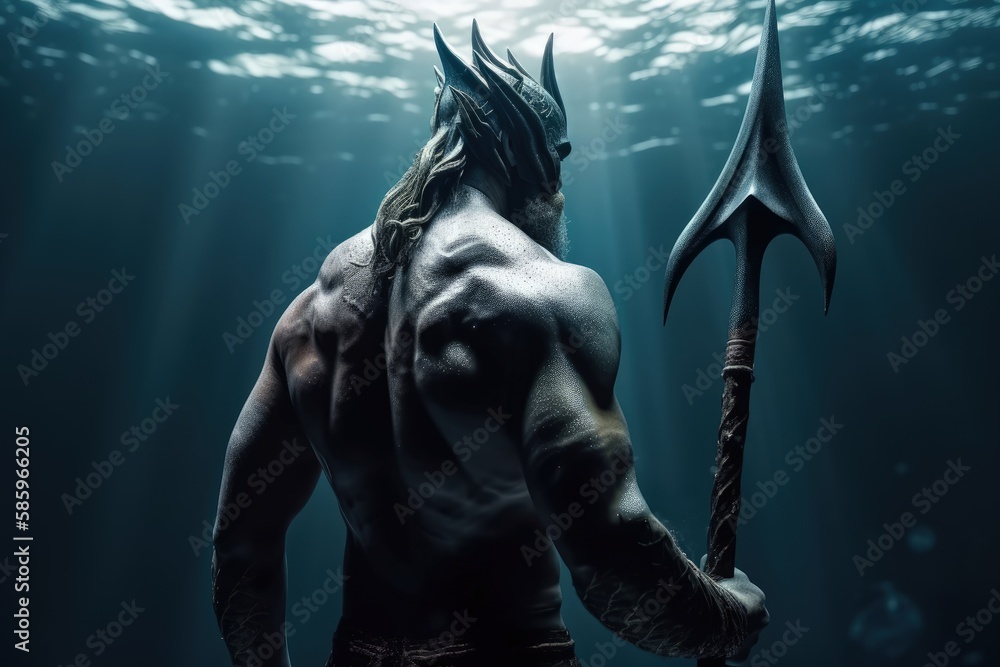 Poseidon with his trident in the sea, Poseidon in the water with his ...