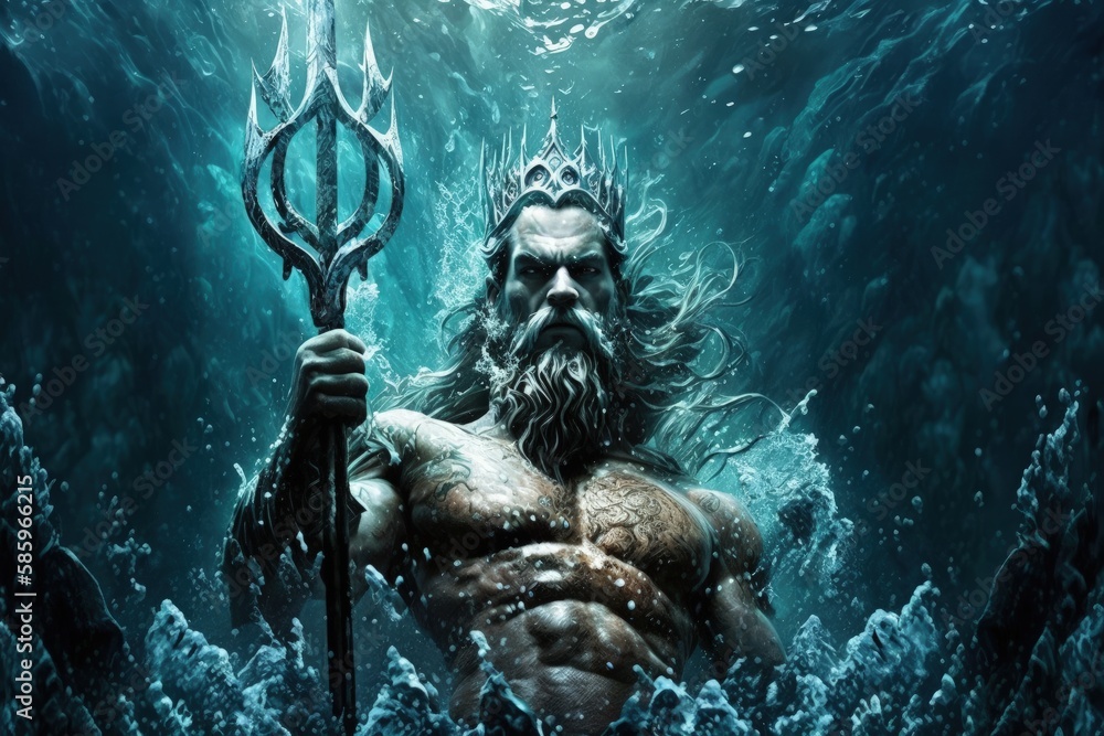Poseidon with his trident in the sea, Poseidon in the water with his ...