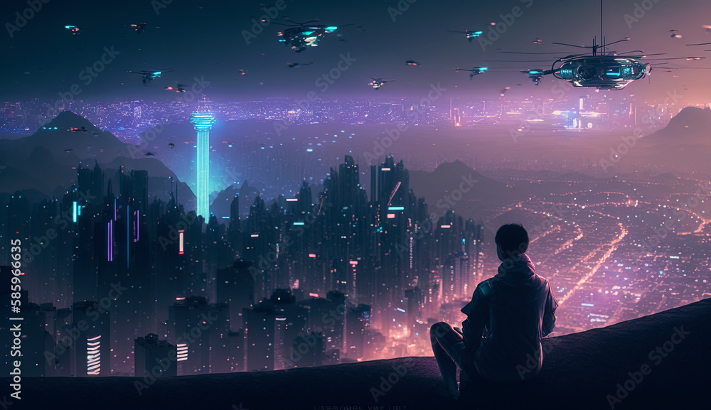 Cyber city at night, man sitting on roof looks at cyberpunk buildings ...
