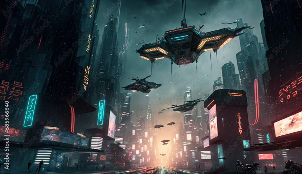Cyber city at night, futuristic cyberpunk aircrafts flying above dark ...