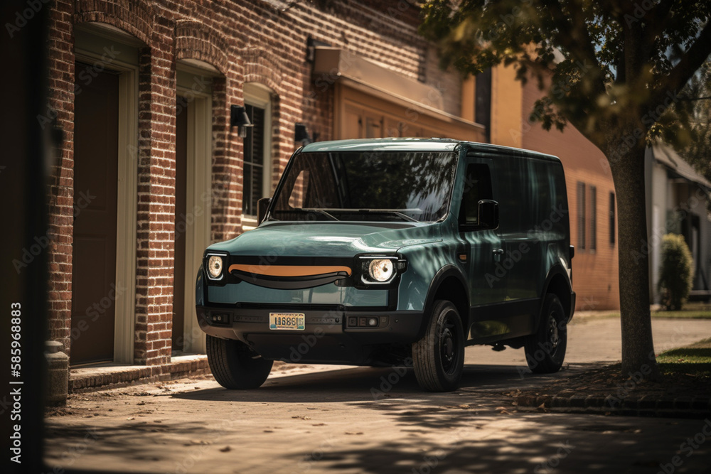 Electric Van Delivering on road. Driver of Electric cargo van delivers ...