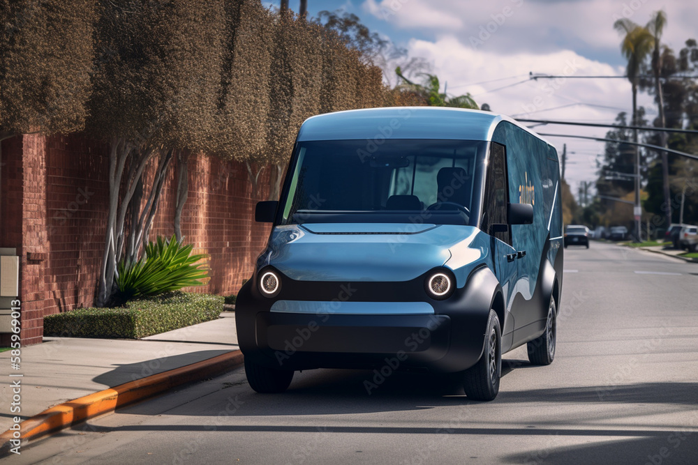 Electric Van Delivering on road. Driver of Electric cargo van delivers ...