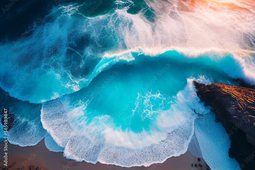 Sea waves, top view. Seashore sea waves, bright beach. Wave at beach ...