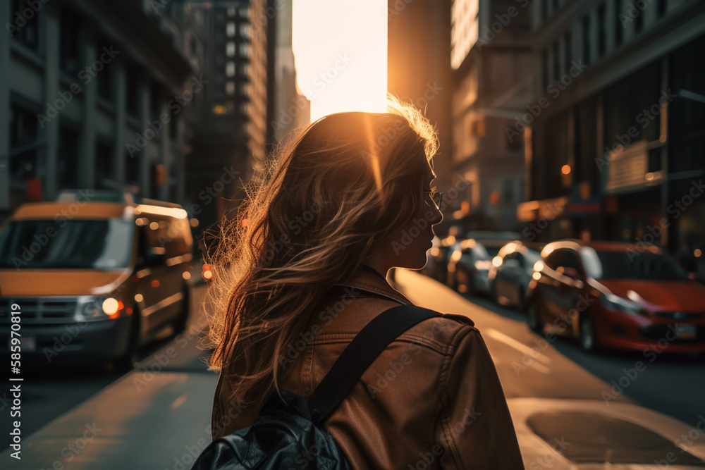 Traveler in New York, back view. Urban sunset, Girl traveler with ...