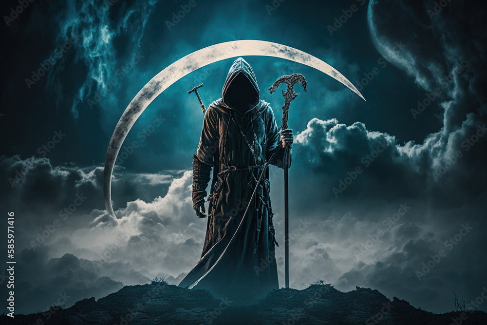 Grim reaper with scythe standing against cloudy dramatic background ...