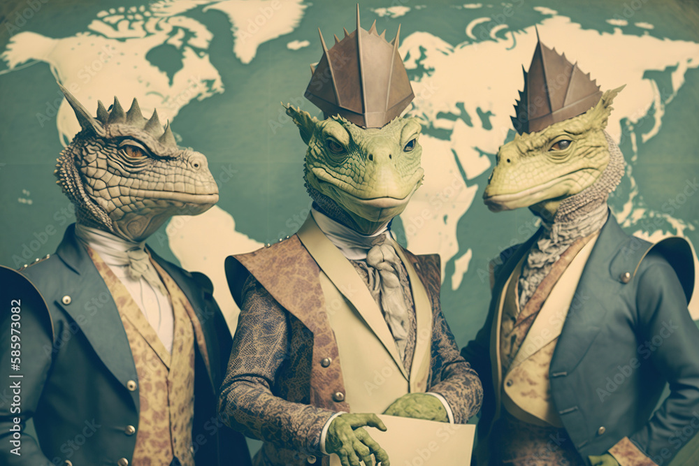 Group studio portrait of reptilians dressed like monarch, created with Generative AI technology ...