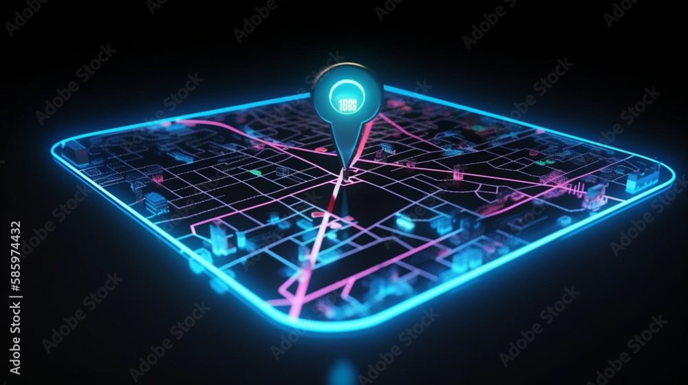 Glowing digital geolocation gps interface. Generative AI Stock ...