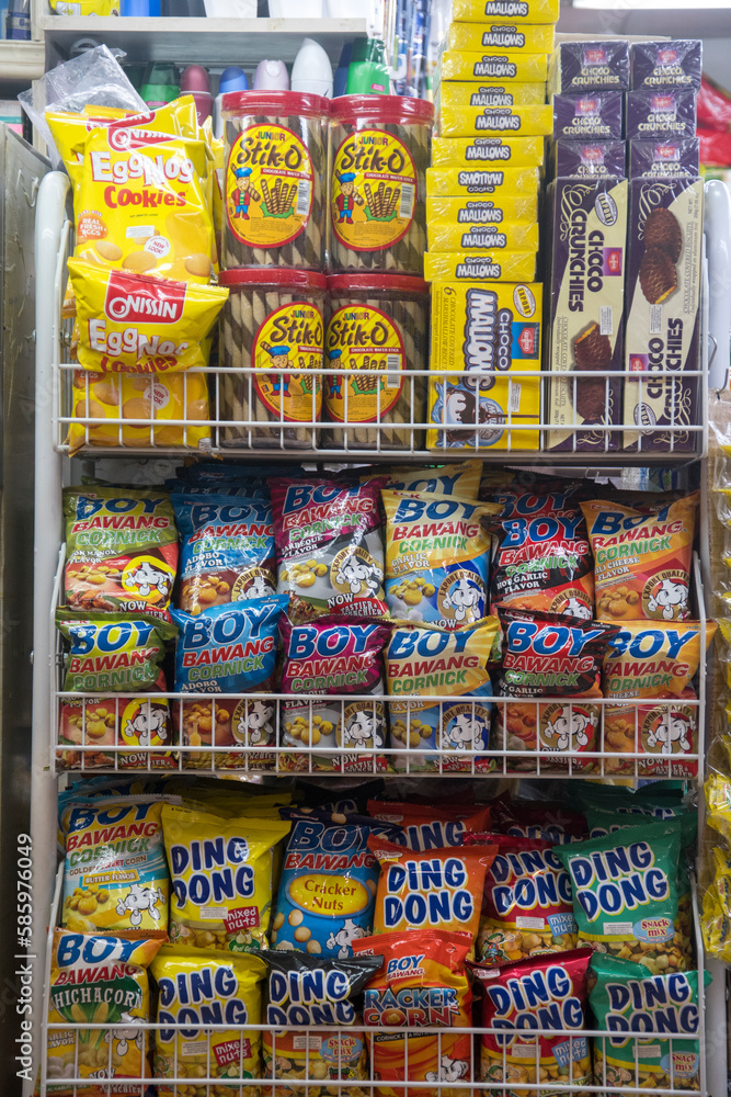 Various of Philippines snacks display on the rack for sell. Stock Photo ...