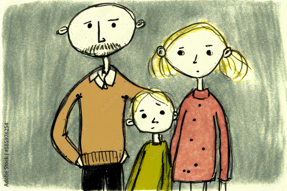 children's drawing of a sad family with mom dad and child, generative ...
