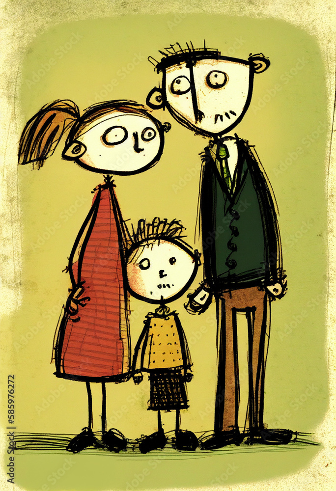 children's drawing of a sad family with mom dad and child, generative ...