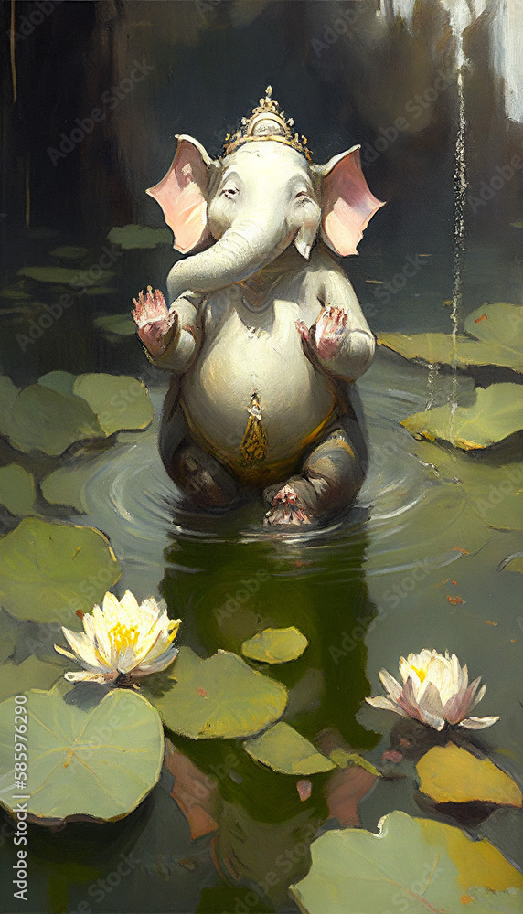 Hindu God Ganesh among lotus flowers, Indian God of luck, generative AI ...