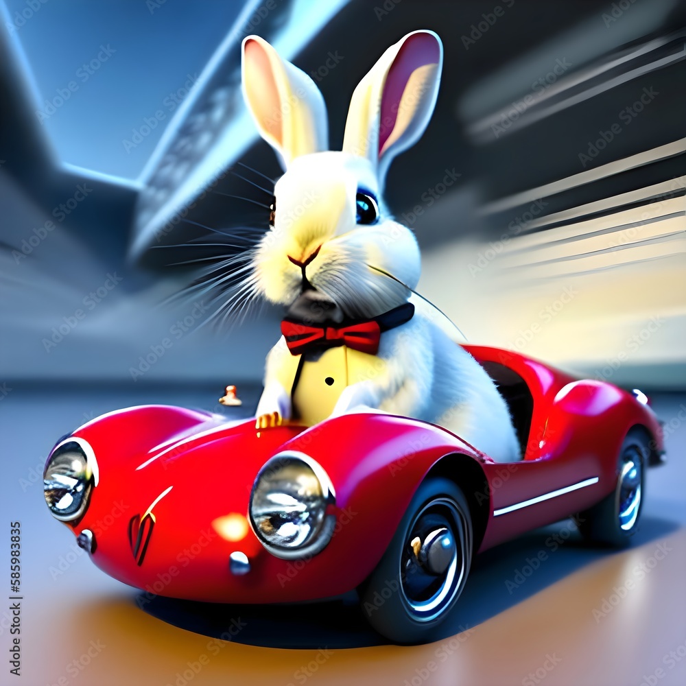 Driving into Fun White Bunny Takes the Wheel of a Red Car Stock ...