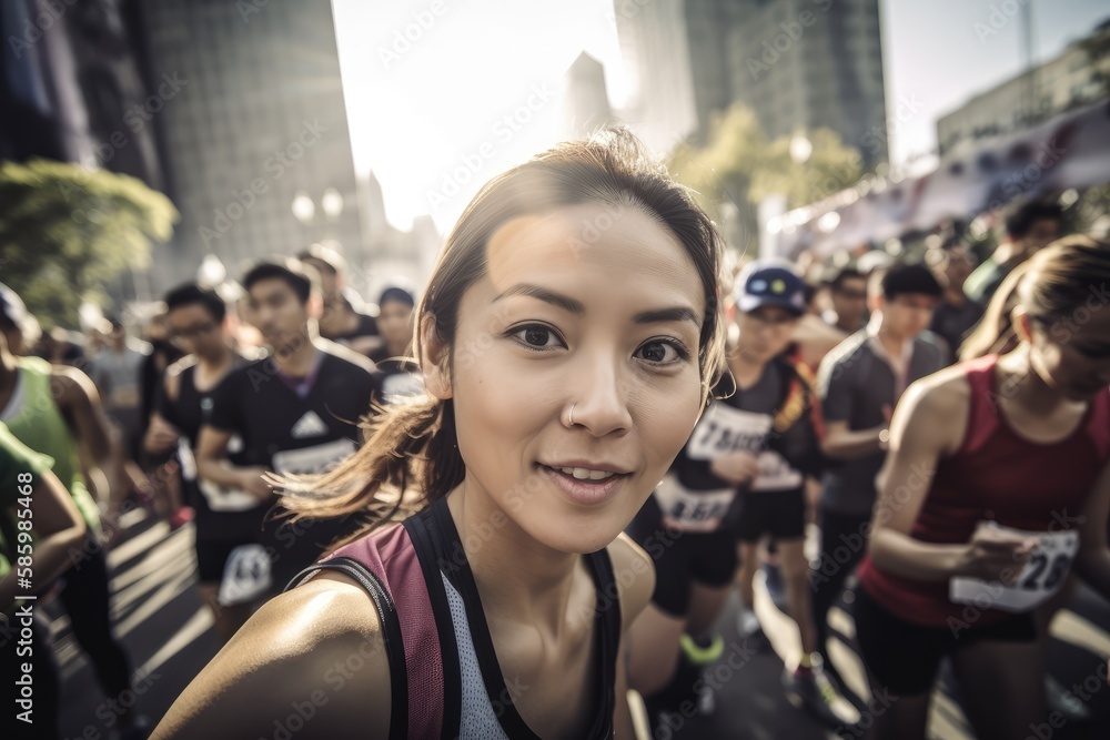 female marathon runner is taking a selfie while running through a crowd ...