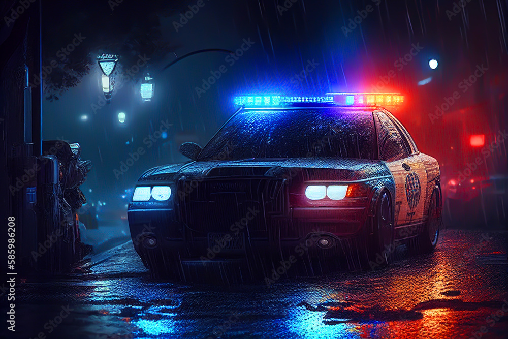 Police lights and Police car in New York. Police car with red and blue ...