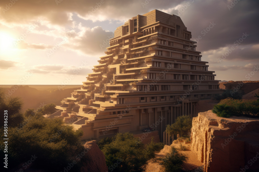 Ancient city of Babylon with the tower of Babel, bible and religion. AI ...