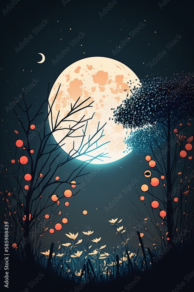 2d flat mid-autumn full moon night sky background,Generative AI Stock ...