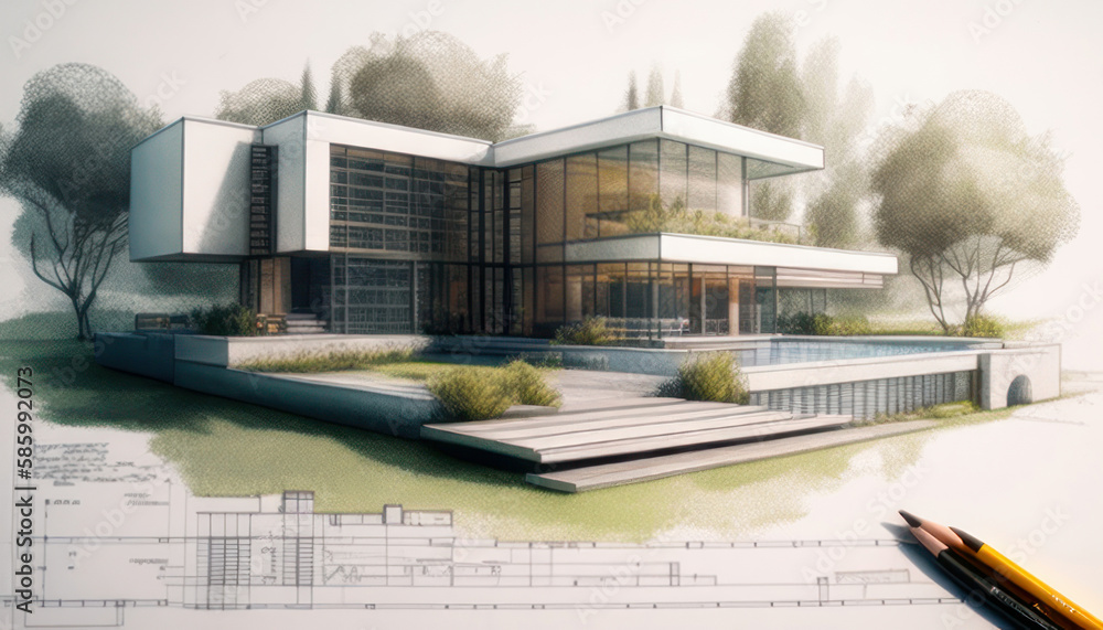 Modern house design sketch. Generative AI Stock Illustration | Adobe Stock