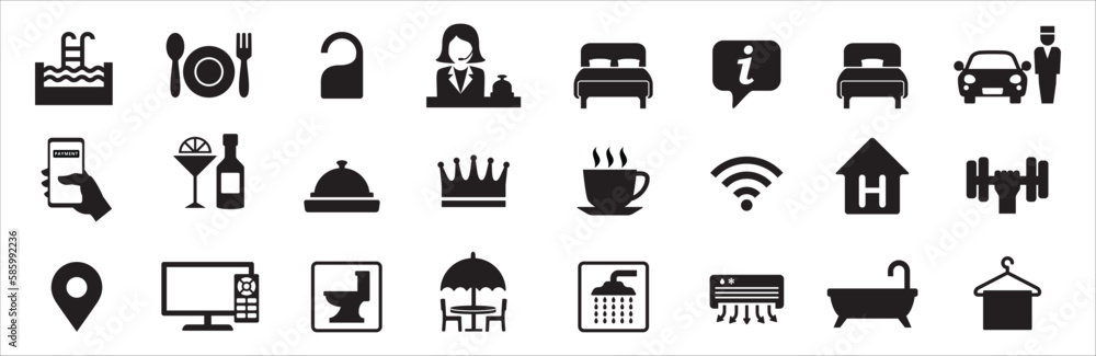 Hotel facilities and service icon set. Home stay facility and feature ...