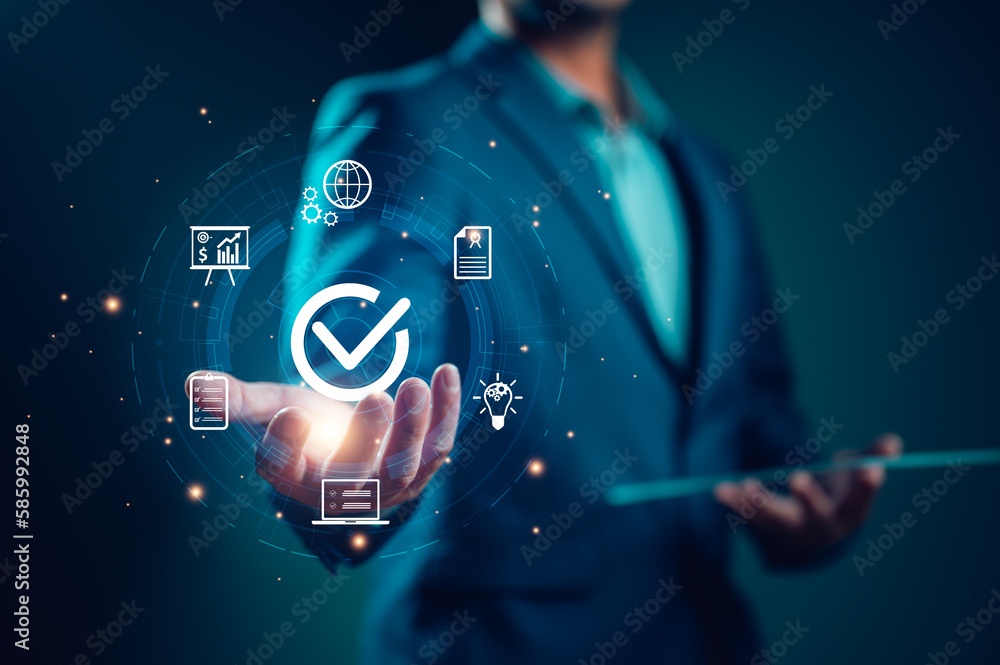 Hand shows sign of top service Quality assurance, Guarantee, Standards ...