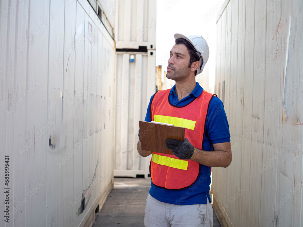 Male person stand walk recheck checklist report paper tablet technology ...