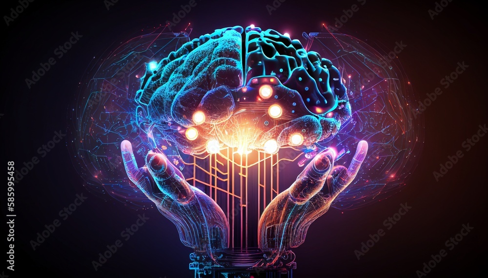 AI, Machine learning, Hands of robot and human touch on big data network, Brain data creative in ...