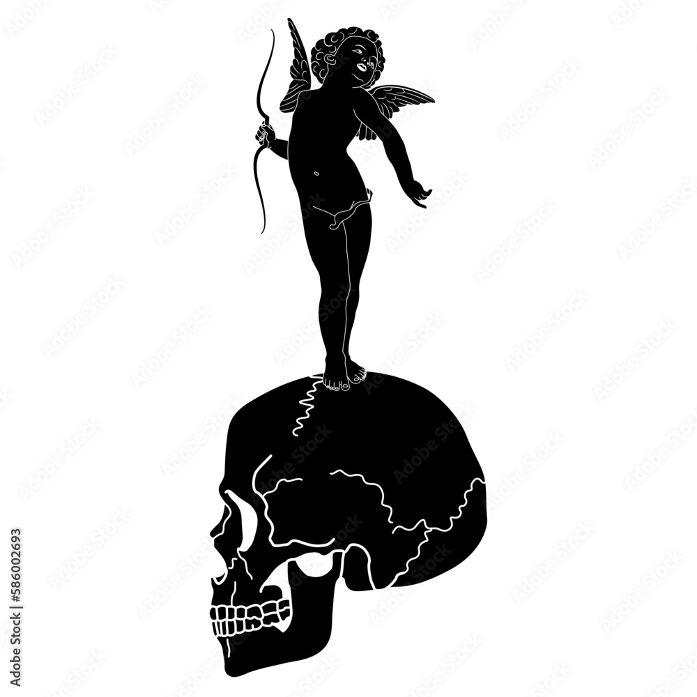 Cupid or Amur holding bow standing on human skull. Juxtaposition of ...