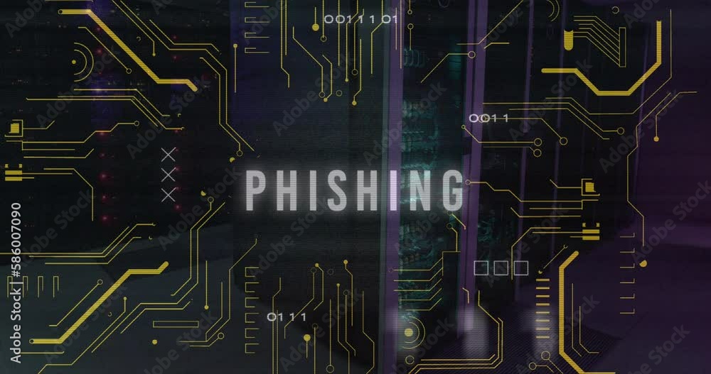 Animation of phishing text in circuit board pattern over binary codes against server room Stock ...