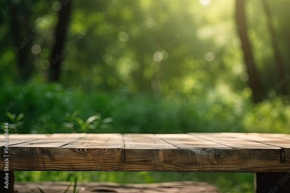 rustic wooden table surrounded by trees in a peaceful forest setting ...