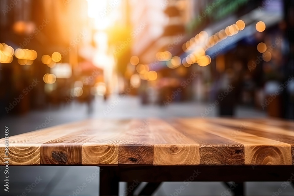 wooden table on a city street, providing a cozy outdoor dining ...