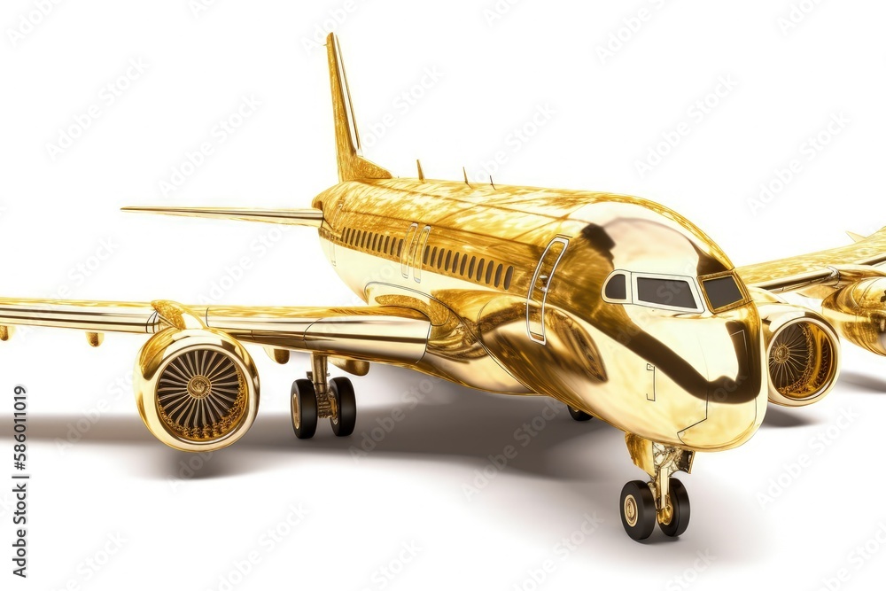 golden airplane model on a plain white background created with ...