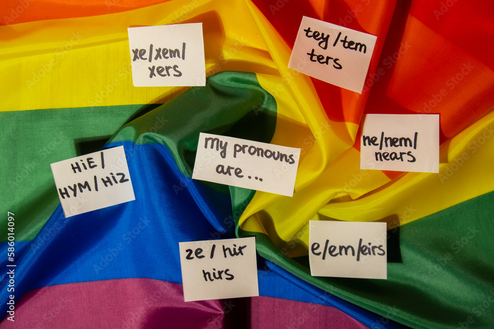 Foto de MY PRONOUNS ARE Neo pronouns concept. Rainbow flag with paper ...