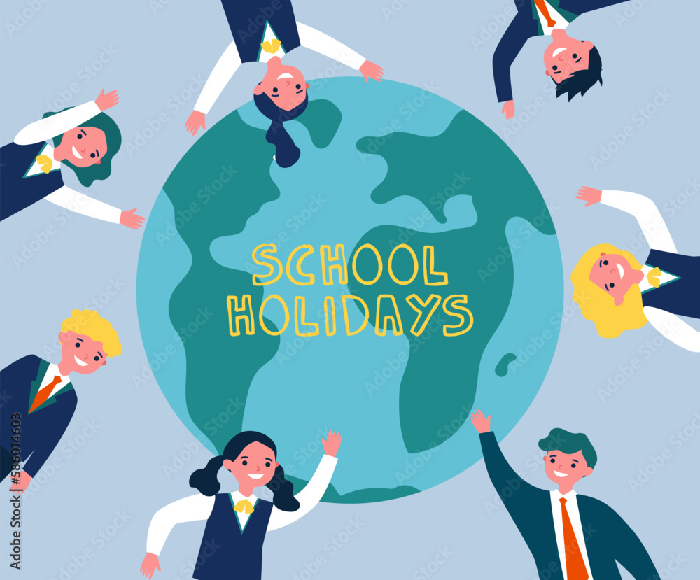 Vecteur Stock Happy schoolchildren with globe ready for holidays ...