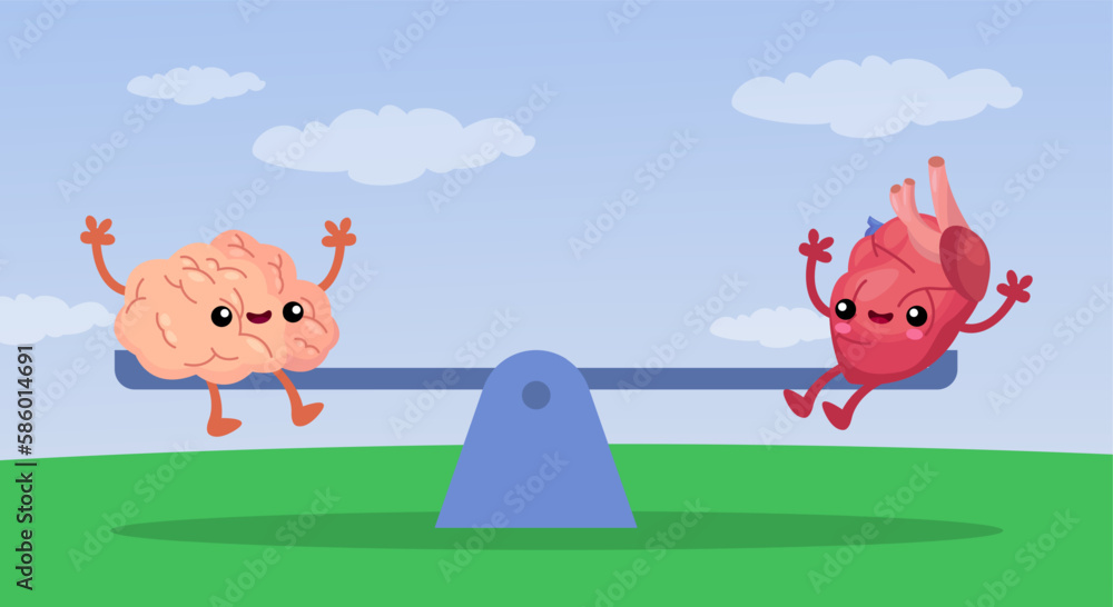 Comic brain and heart on seesaw together vector illustration. Cartoon ...