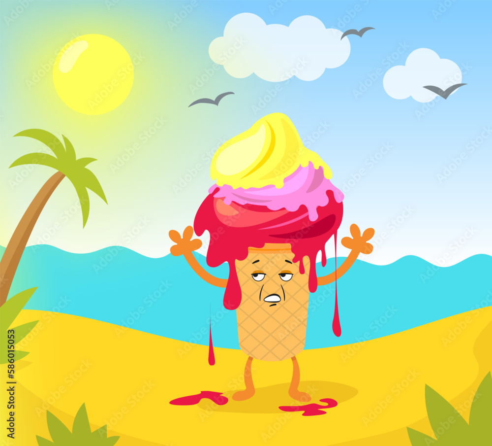 Melting ice cream character on beach vector illustration. Cartoon ...