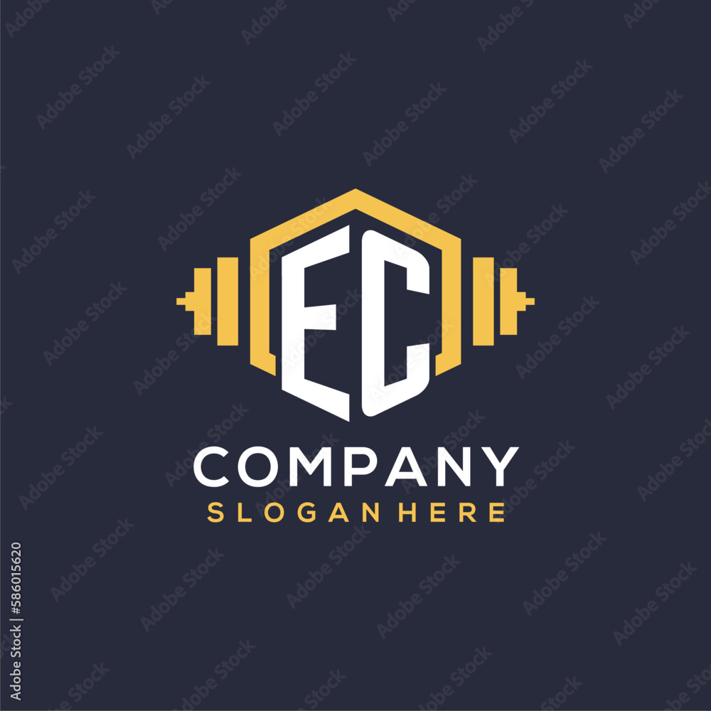 Initial EC logo design for fitness center with creative dumbbell ...