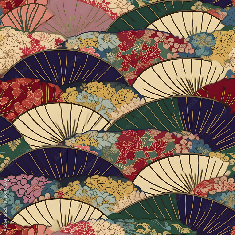 chinese fan on a red background,seamless, repeating oriental fan ...