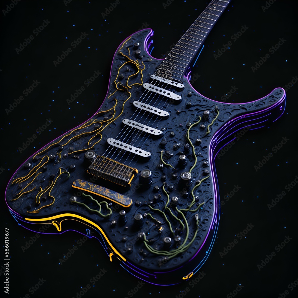 a vibrant, technicolor guitar with intricate circuitry and glowing ...