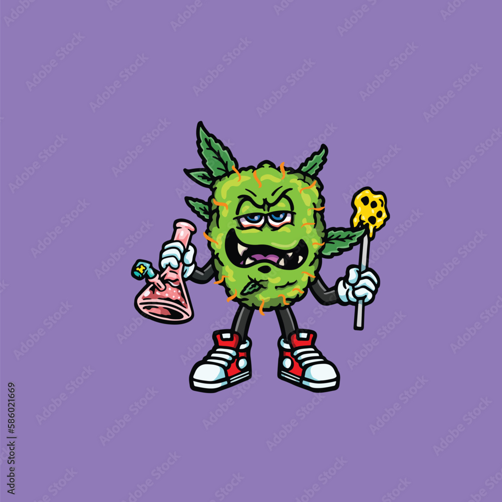 nug weed vector smoking joint and bong hold bud cartoon monster Stock ...