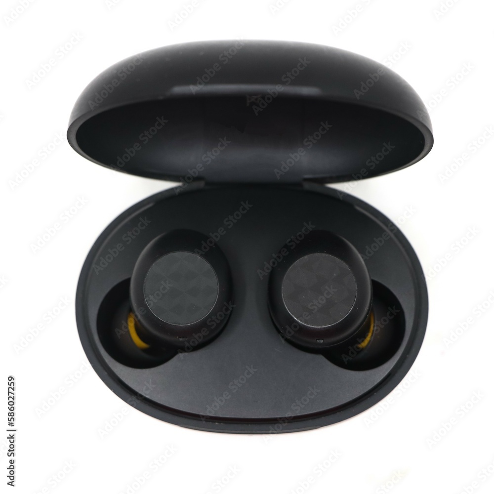 black wireless noise cancelling earbuds head set with a charging power ...