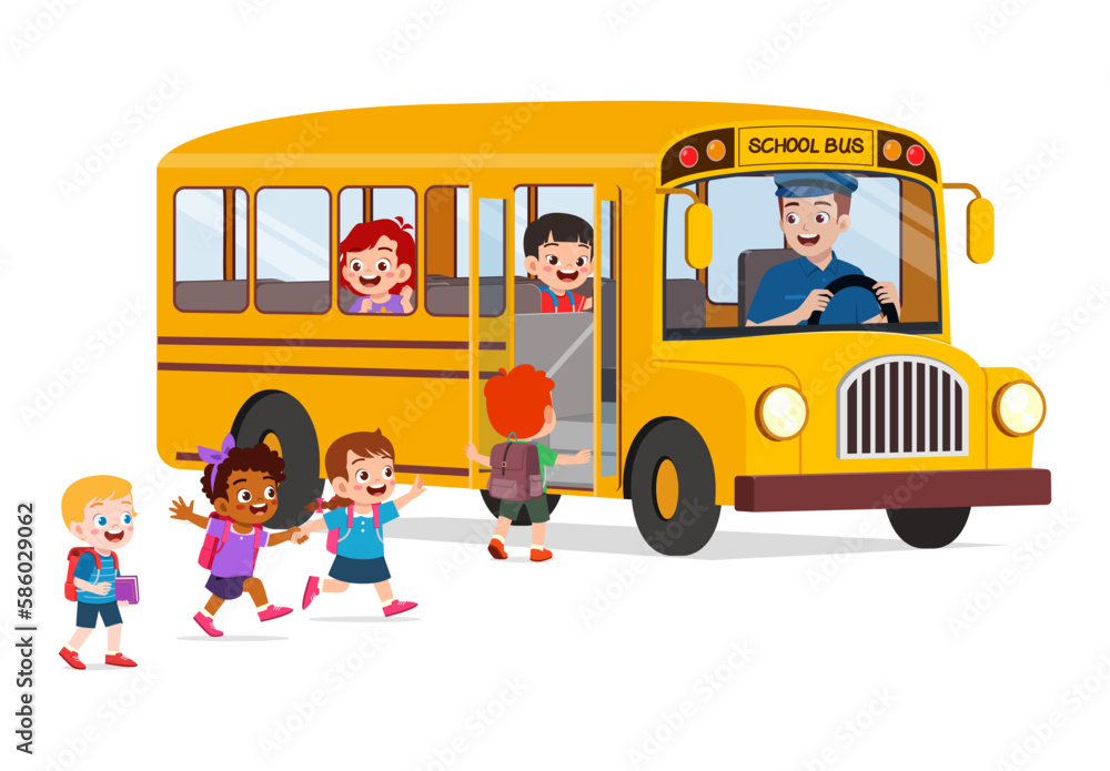little kids boy and girl ride school bus and go to school Stock Vector ...